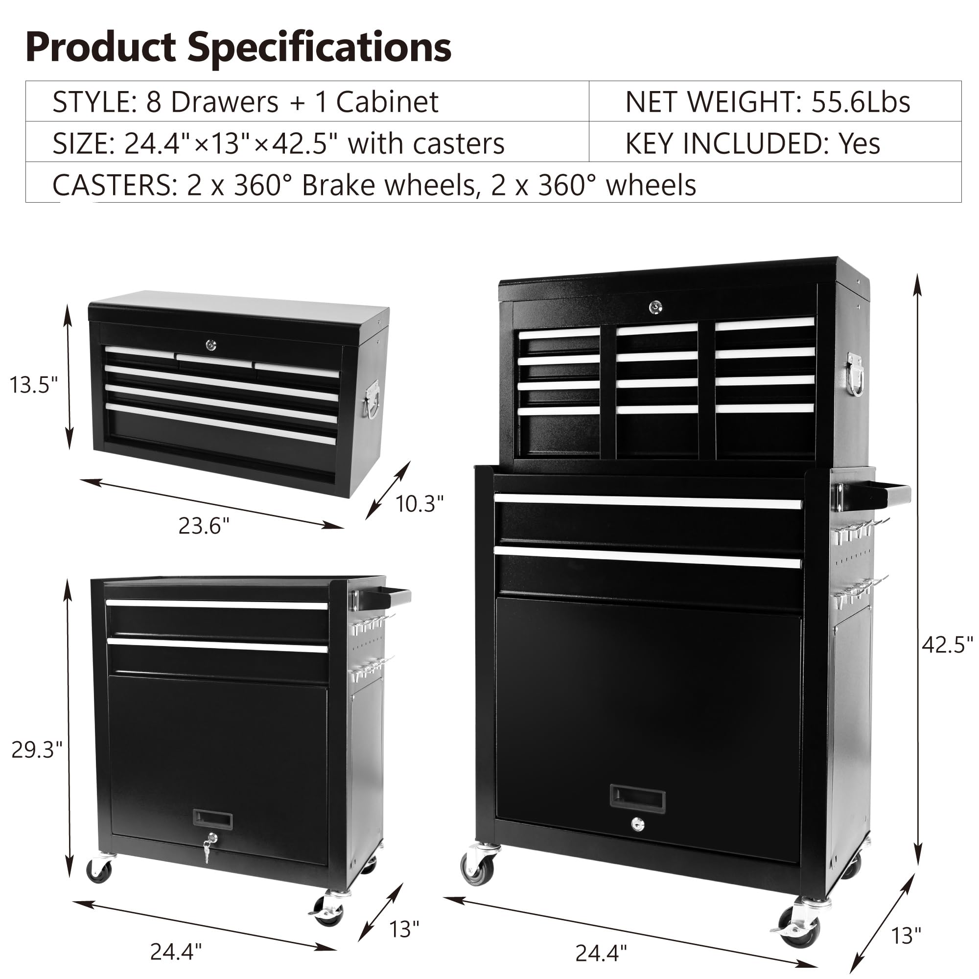 BouPower Tool Chest with 8 Drawers, Rolling Tool Cabinet with Wheels, Mobile Steel Tool Storage Organizer with Detachable Top Tool Box, for Warehouse&Workshop