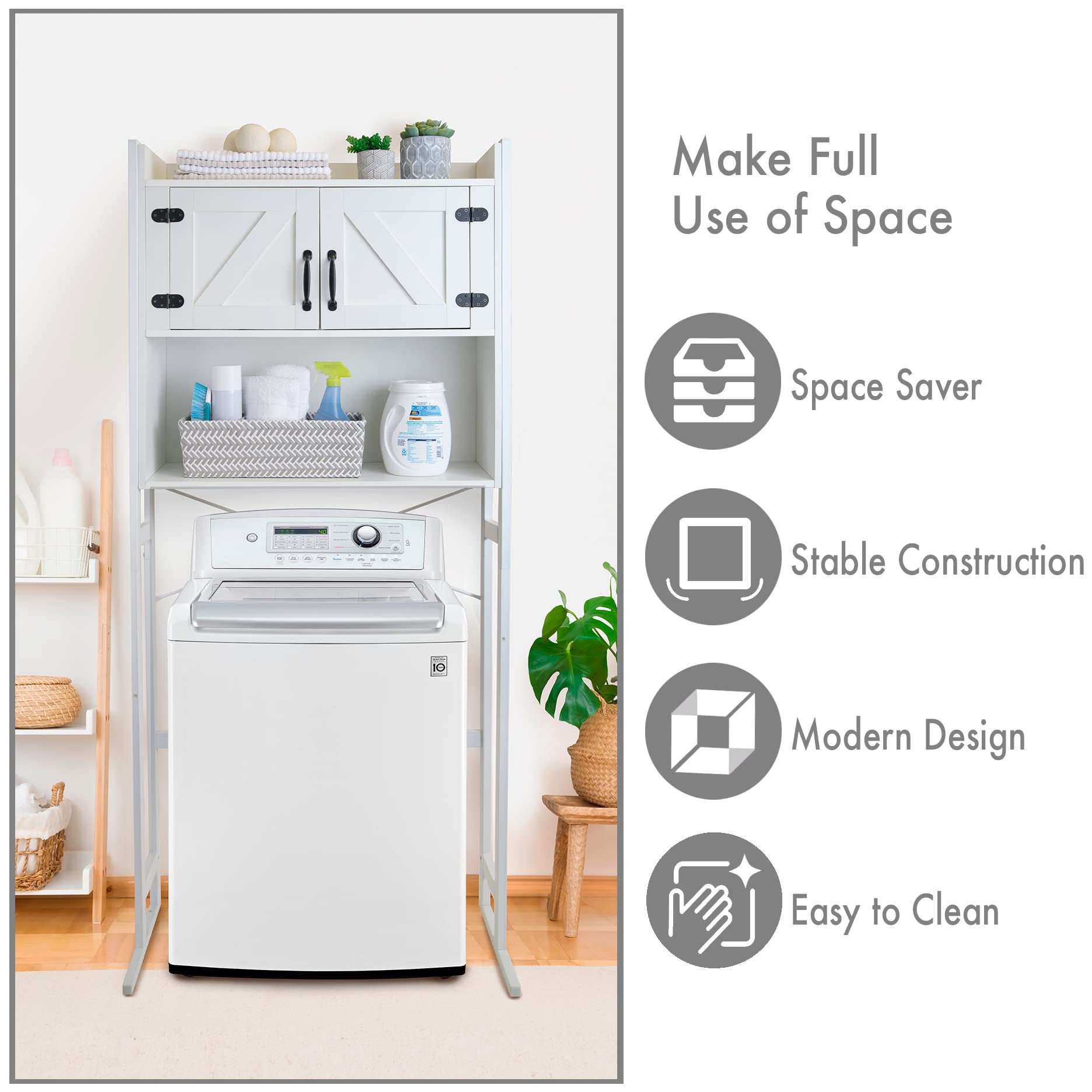 Stephan Roberts Washer or Over The Toilet Storage Cabinet w/Height Adjustable Shelf Laundry Room/Bathroom Organizer, 2-Door Freestanding Rack Space Saver, White