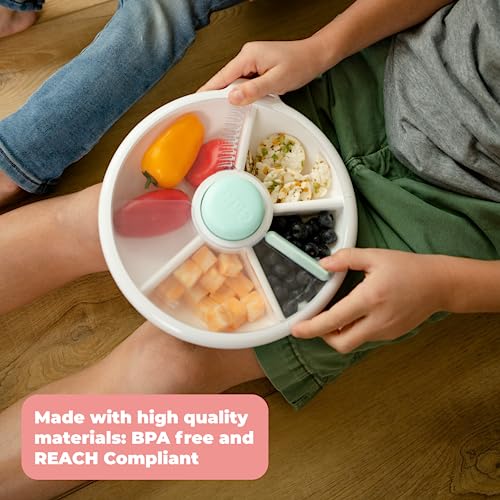 GoBe Kids Large Snack Spinner Bundle with Hand Strap and Sticker Sheet - Reusable Snack Container with 4 Compartment Dispenser & Sliding Door | BPA and PVC Free | Dishwasher Safe | No Spill, Leakproof