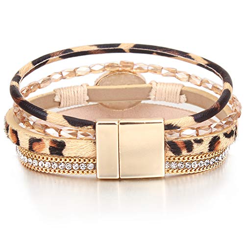 FANCY SHINY Leather Wrap Bracelet Boho Cuff Bracelets Crystal Bead Bracelet with Clasp Jewelry Gift for Women Teen Girls(7.7", Tan Leopard)