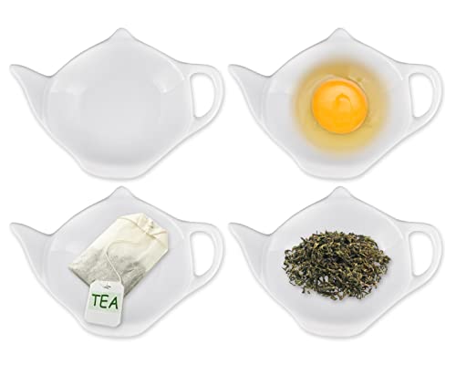 DS. DISTINCTIVE STYLE 4 Pieces Teapot Shaped Tea Bag Holder Teabag Coaster Seasoning Dish for Sauce Dessert (White - Ceramic)