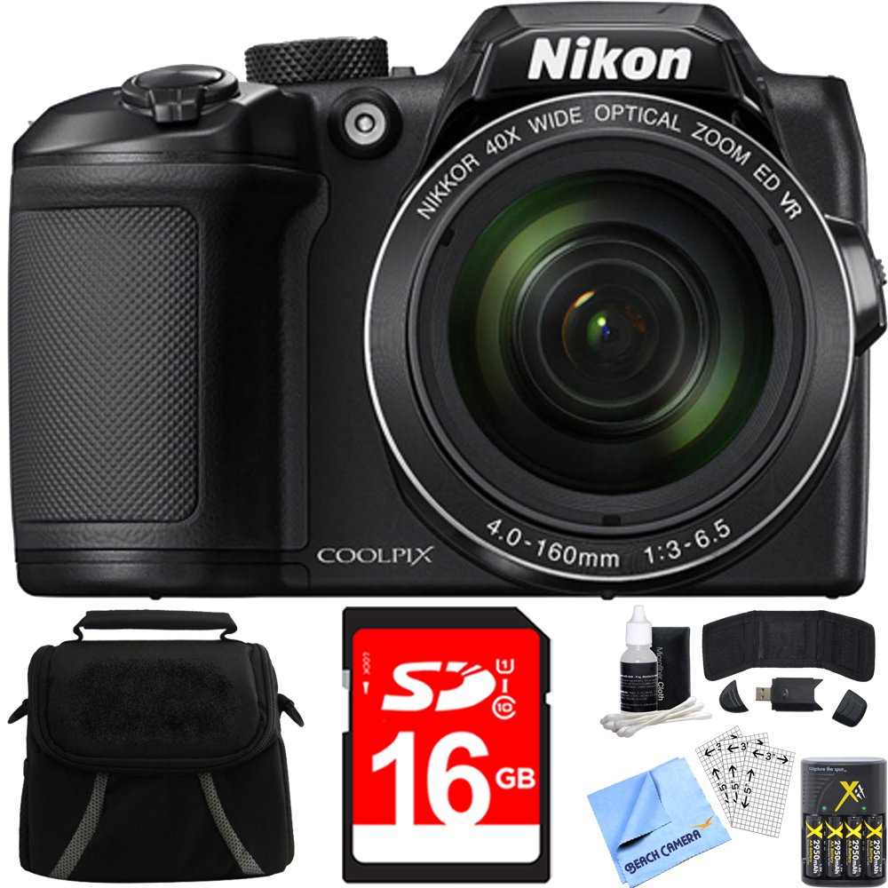 Nikon COOLPIX B500 16MP 40x Optical Zoom Digital Camera Black Bundle with 16GB Memory Card, Camera Bag for DSLR and 4X Rechargeable AA Batteries with Charger