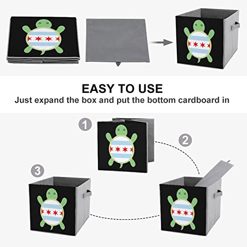 Chicago Flag Turtle Foldable Storage Bins Printd Fabric Cube Baskets Boxes with Handles for Clothes Toys, 11x11x11