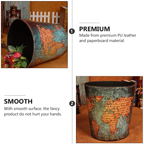 DOITOOL Retro Decorative Trash Can PU Leather Wastebasket Without Lid Waterproof Wastebasket 10 L/ 2.6 Gallon Capacity for Kitchen, Office, Living Room, Bedroom (Map)
