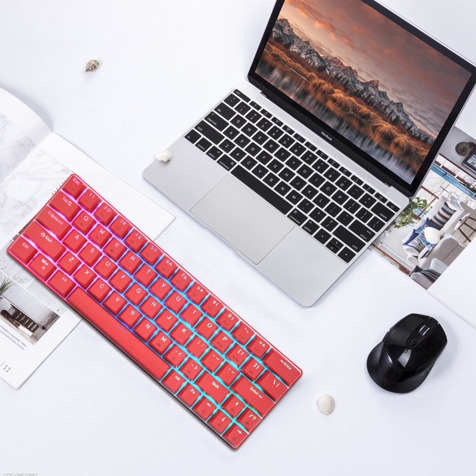 IEMUDJ CQ63 Mechanical Keyboard, Wired Bluetooth Gaming Keyboard, Outem Blue Switch, RGB Backlit, Bluetooth 5.0, Compact 63 Keys, for Desktop, Laptop, Mac, Tablet, Smartphone, Gaming and Office