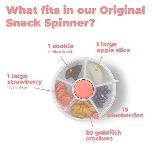 GoBe 2 Pack Kids Snack Spinner - Grey/Coral - Reusable Snack Container with 5 Compartment Dispenser and Lid - Leakproof, Spill-proof - For Toddlers, Babies, Home, Travel
