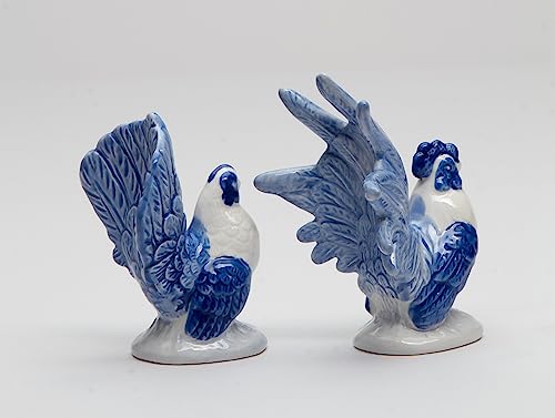 Fine Ceramic Dutch Blue Country Farmhouse Rooster & Hen Salt & Pepper Shakers Set, 3-1/2" H