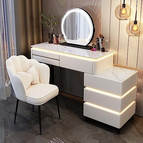 Attega Vanity Set, Makeup Vanity Desk with 6 Drawers and Ambient Light, Solid Wood Frame Vanity Set includes Smart Makeup Mirror and Chair, for Bedroom (47.24", White)