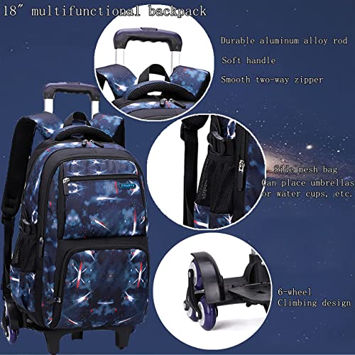 Egchescebo 18" School Kids Rolling Backpack for Adults With Wheels Trolley Wheeled Backpacks for Boys Students Travel Bags Adults With Lunch Box Pencil bag 3PCS Navy Blue