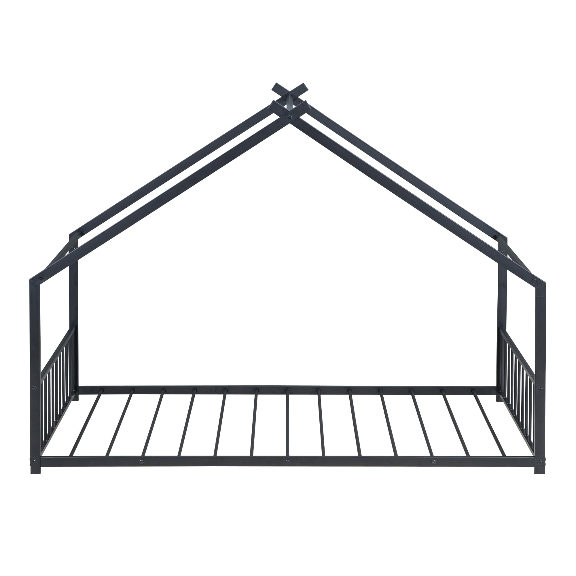 Favfurish Metal Twin Size House Bed with Roof and Slats Support,Playhouse Design Montessori Floor Bed Frame W/Headboard & Footboard,No Box Spring Needed,for Kids Girls Boys,Black