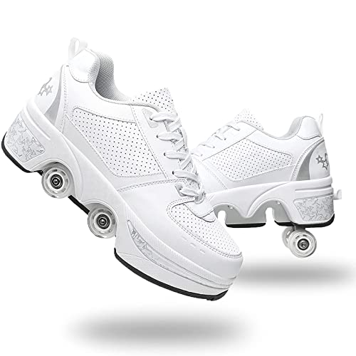 Double-Row Deform Wheel Automatic Walking Shoes Invisible Deformation Roller Skate 2 in 1 Removable Pulley Skates Skating Parkour (White Silver, US 7.5)