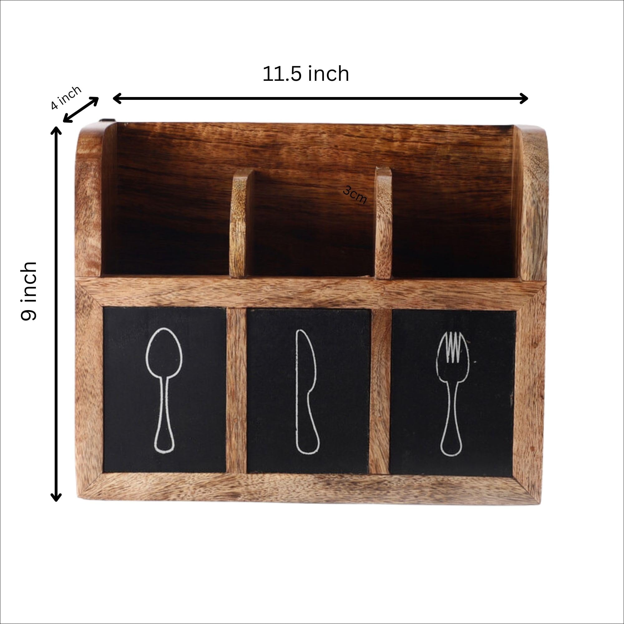 CASA INDIA Natural Wood Countertop Organizer 3-Compartment Utensil Caddy with Wooden Handle 11.5 X 9 inch