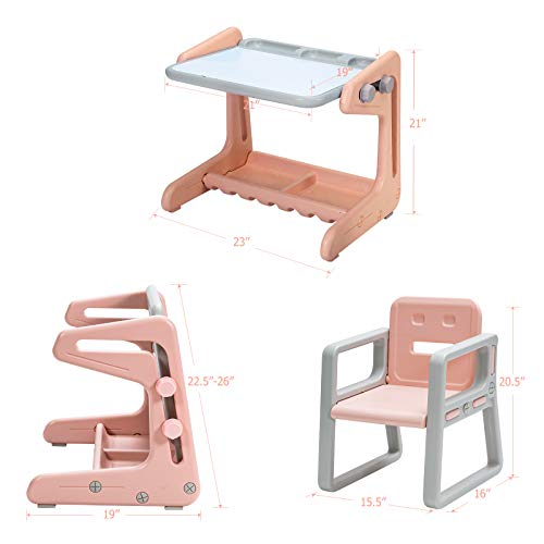 Costzon 2 in 1 Kids Table & Chair, Art Easel w/Adjustable Magnetic Painting Board, Storage Space, Art Supply Accessory, Children Convertible Activity Table Set for Drawing Reading Art Playroom (Pink)
