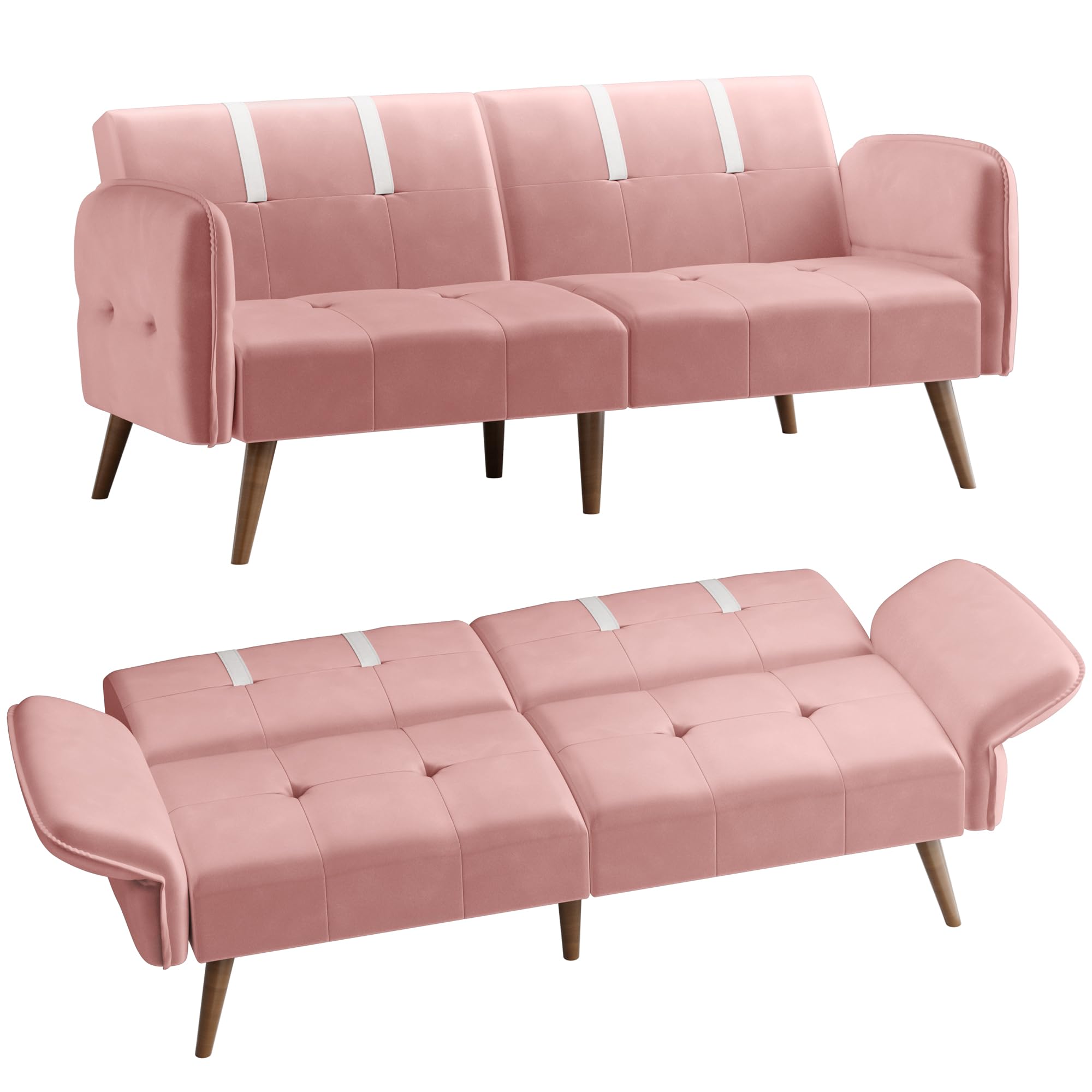 Shintenchi Futon Sofa Bed Modern Folding Sleeper Couch Bed for Living Room,Velvet Loveseat Sofa Couch Sofa cama for Apartments Office Small Spaces,w/Adjustable Armrests Backrest,Pink