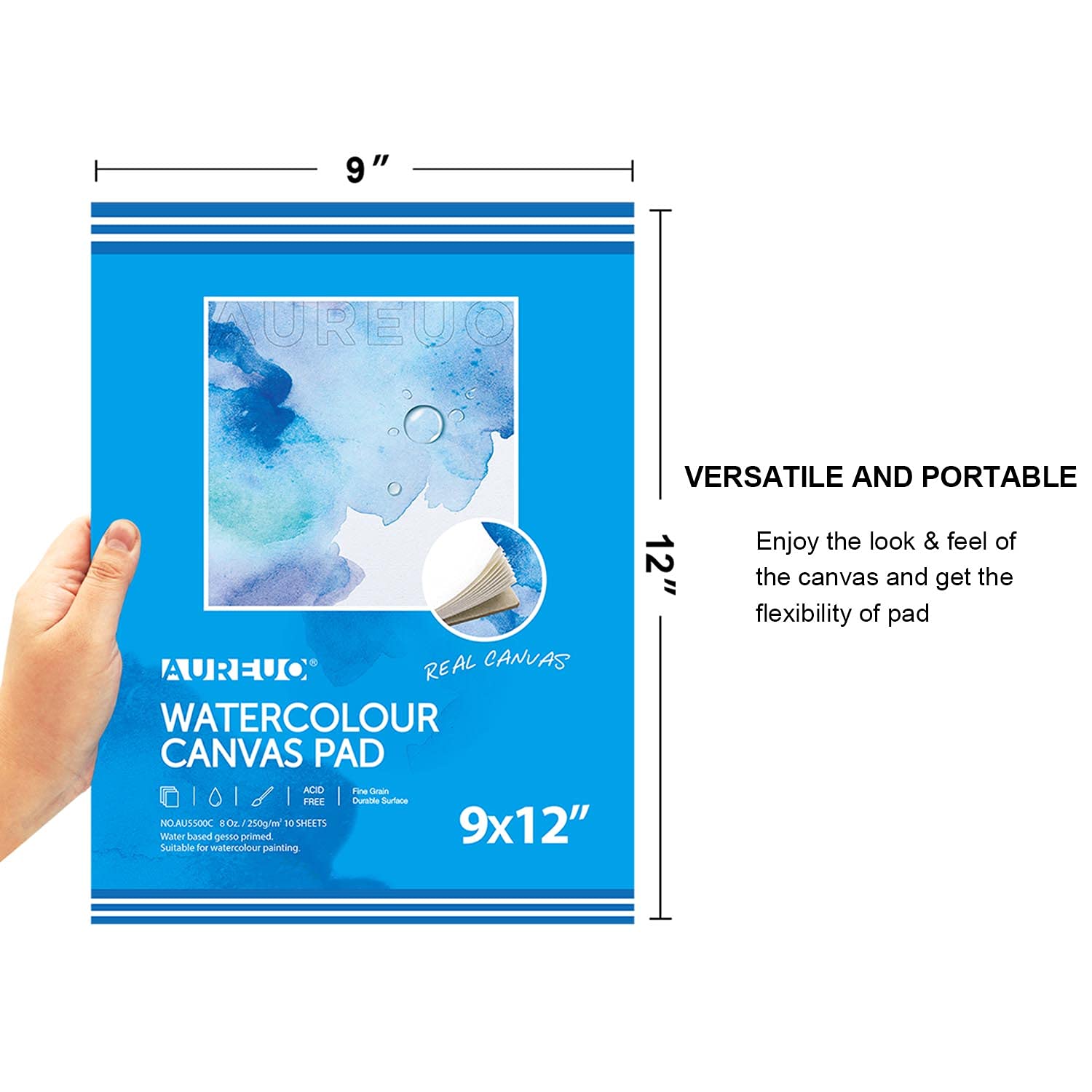 AUREUO Watercolor Canvas Pad - 12x16 Inch, 10 Sheets, 1 Pack - 270g, 100% Cotton White Blank Canvas for Watercolor Painting
