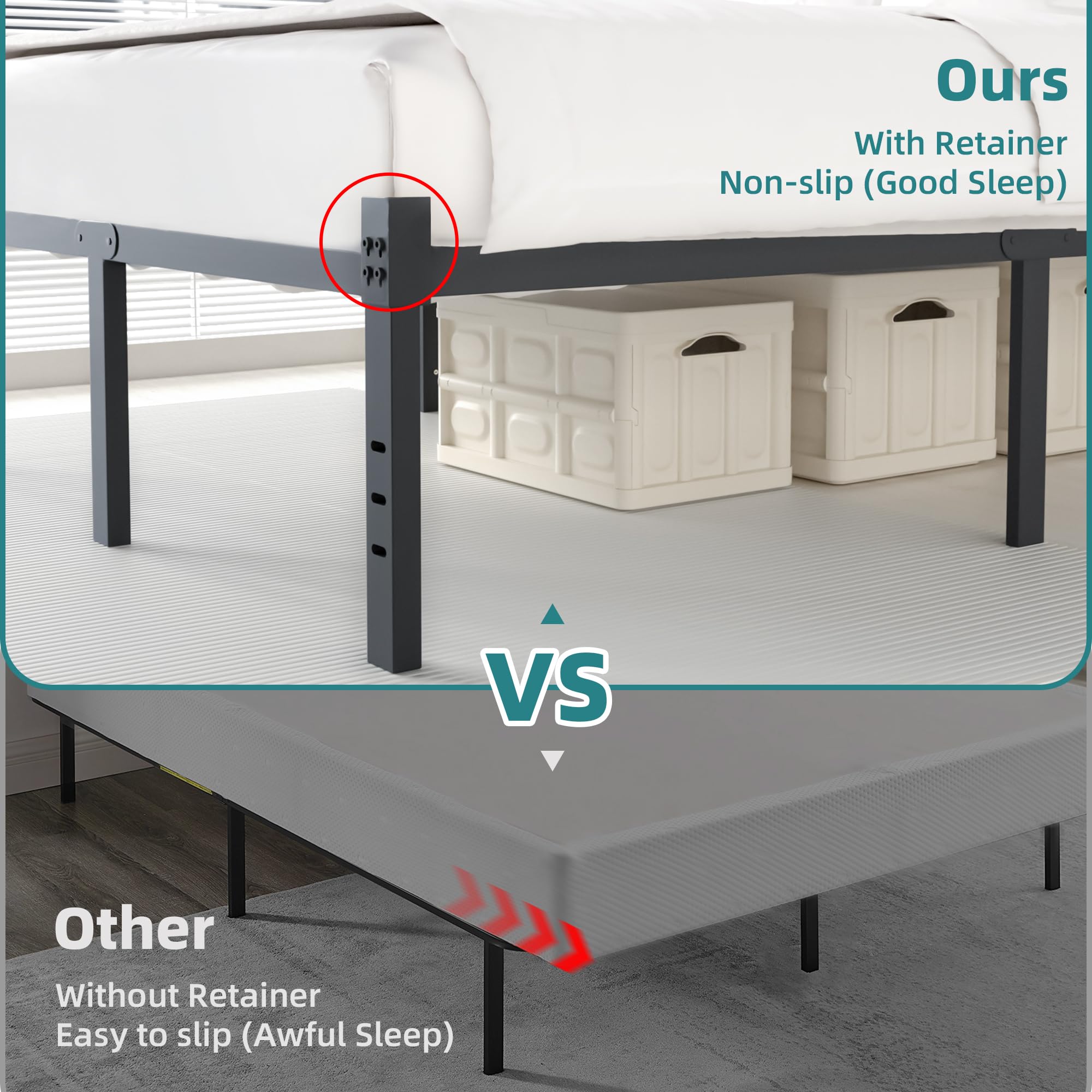 Queen Bed Frame 16 Inch High Metal Platform Bed Frame with 4 Mattress Retainers Heavy Duty Steel Slats Black Kids Queen Size Bed Frame with Headboard Hole No Box Spring Needed Noise Free Easy Assembly
