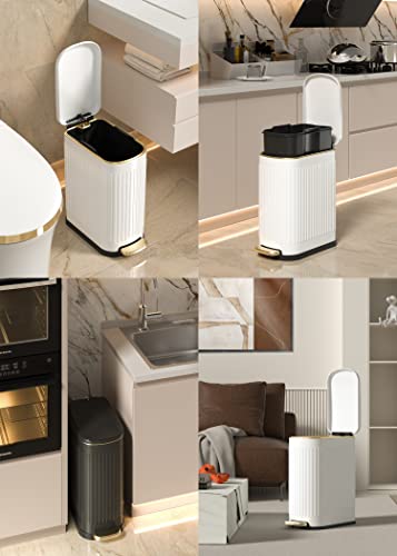 CEROELDA White Bathroom Trash Can with Lid-Stainless Steel Step Slim Garbage Can-Metal Wastebasket-10L/2.6 Gallon Rectangle Pedal Trash Bin for Narrow Office, Kitchen, Bedroom, Toilet-Soft Close