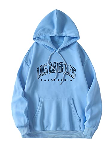 Cozyease Men's Oversized Letter Graphic Drawstring Casual Hoodies Long Sleeve Vintage Street Hoodie Sweatshirts Blue L