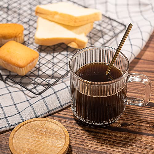 Combler Glass Coffee Mugs, Espresso Cups for Coffee Bar Accessories, Clear Coffee Mug Set of 2, 11oz Glass Coffee Cups with Lids and Spoon, Cute Ribbed Glassware Set for Latte, Cappuccino, Tea, Gift