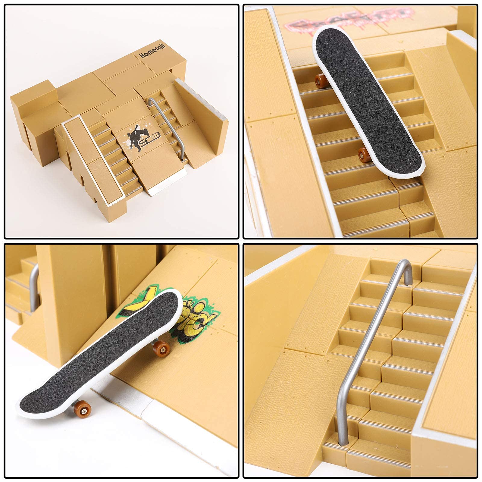 HOMETALL 8Pcs Fingerboard Skatepark Ramps with 9Pcs Mini Toys Set Including Fingerboards, Bike, Scooters, Skate Park for Kids Gift