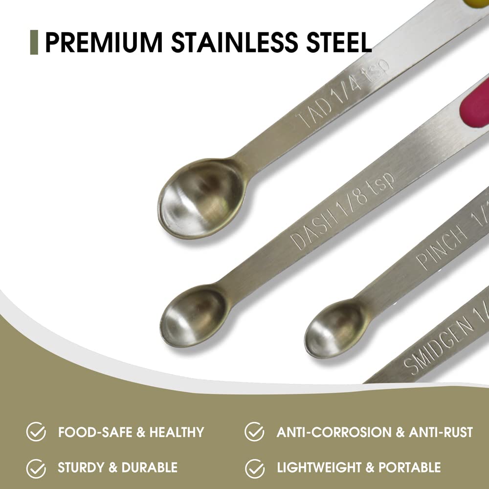 BERYLER Measuring Spoons Set of 5, Tiny Stainless Steel Measuring Spoons with Silicone Handle, Small Measuring Spoon 1/64, 1/32, 1/16, 1/8, 1/4 tsp, Teaspoon for Dry or Liquid Ingredients
