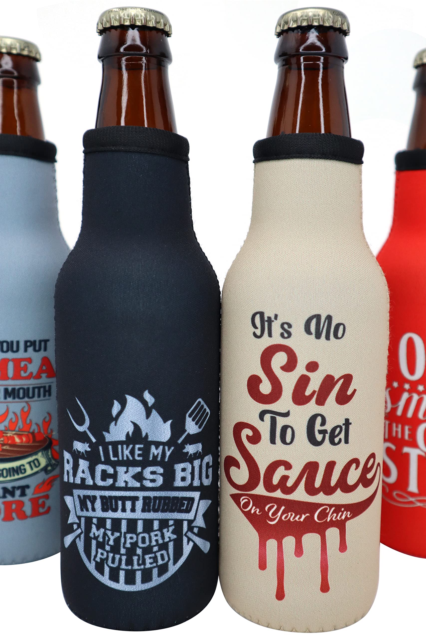 BBQ Smoker Bottle Coolies - Barbecue Meat Smoking Gift for Dad,Useful Gifts for Men Who Have Everything,Bottle Cooler Insulator Sleeve w Zipper,Built-In Removable Opener,Insulated 12 oz. Bottle Coolie