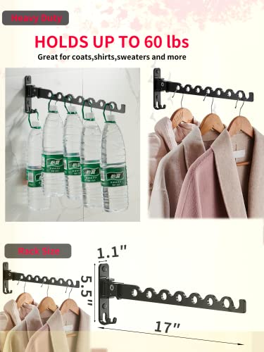 Dr.DJ Wall Mount Coat Hanger Rack, Laundry Clothes Drying Organizer Rack Garment Hooks Aluminium Retractable Folding Indoor Wall Mounted Hanger Space Saver for Laundry Room Bedroom (2 Racks) Black