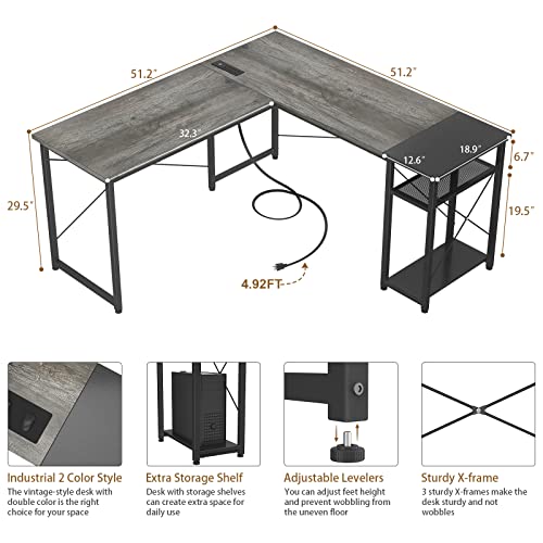 Ecoprsio L-Shaped Desk with Power Station and USB, Large L Shaped Gaming Desk with Storage Shelves Industrial Corner Desk Writing Study Table for Home Office Gaming Workstation, Oak and Black
