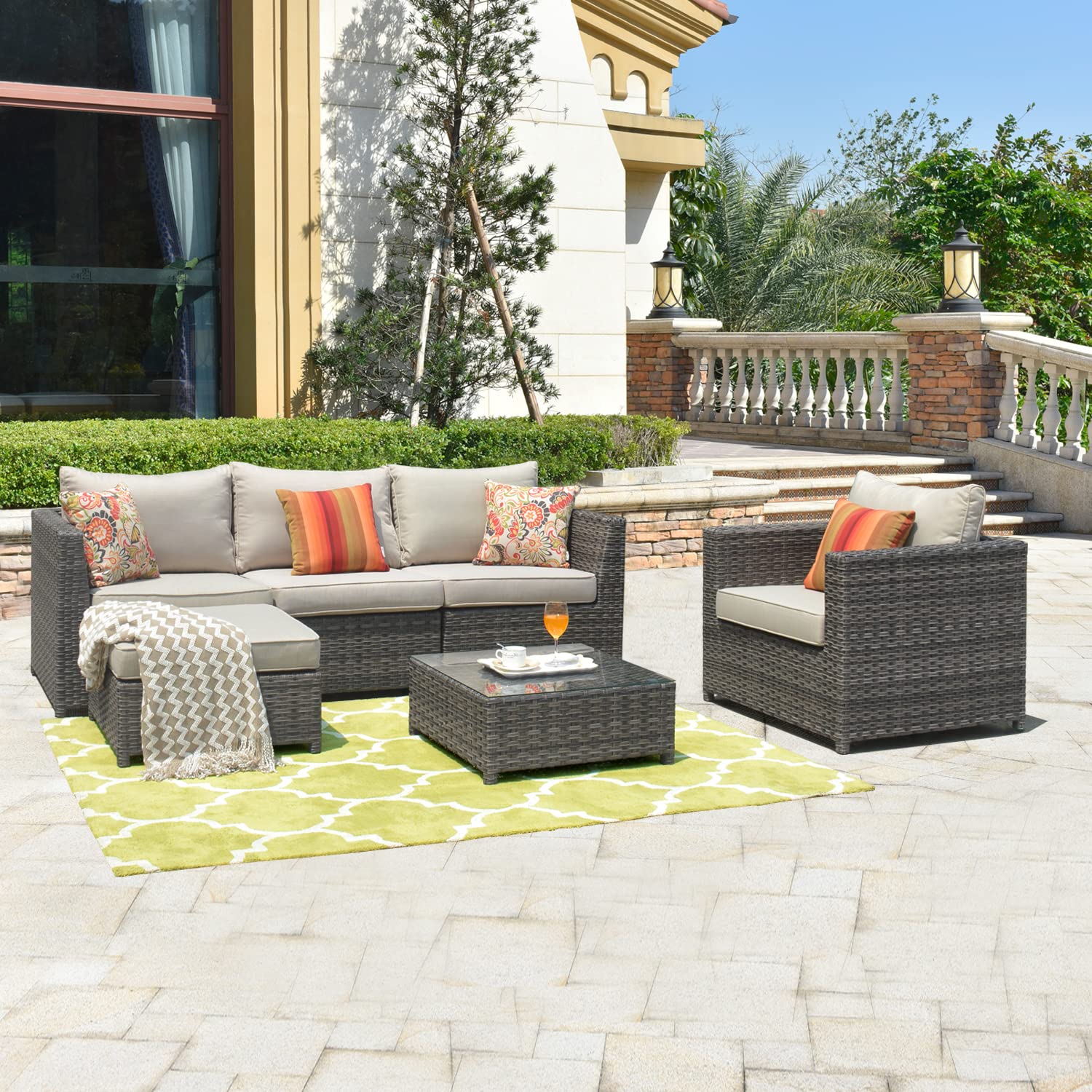 XIZZI Patio Furniture Sets Outdoor Sectional Sofa,No Assembly Required 6 Pieces Big Size Aluminum Conversation Set with 2 Pillows and Furniture Cover,Grey Wicker Beige Cushion
