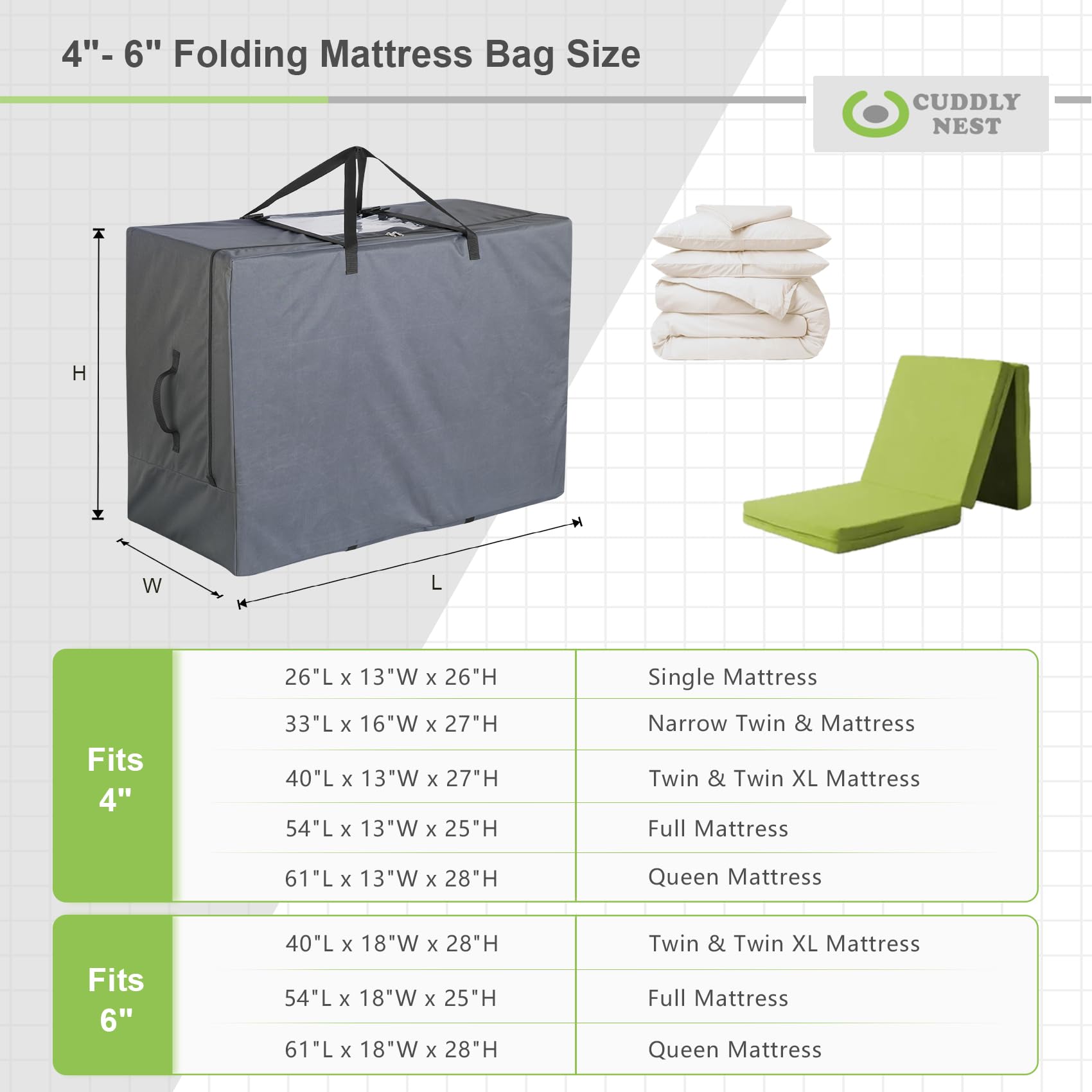 Cuddly Nest Folding Mattress Storage Bag - Heavy Duty Carry Case for Tri-Fold Guest Bed Mattress (Fits 6" Queen Mattress)