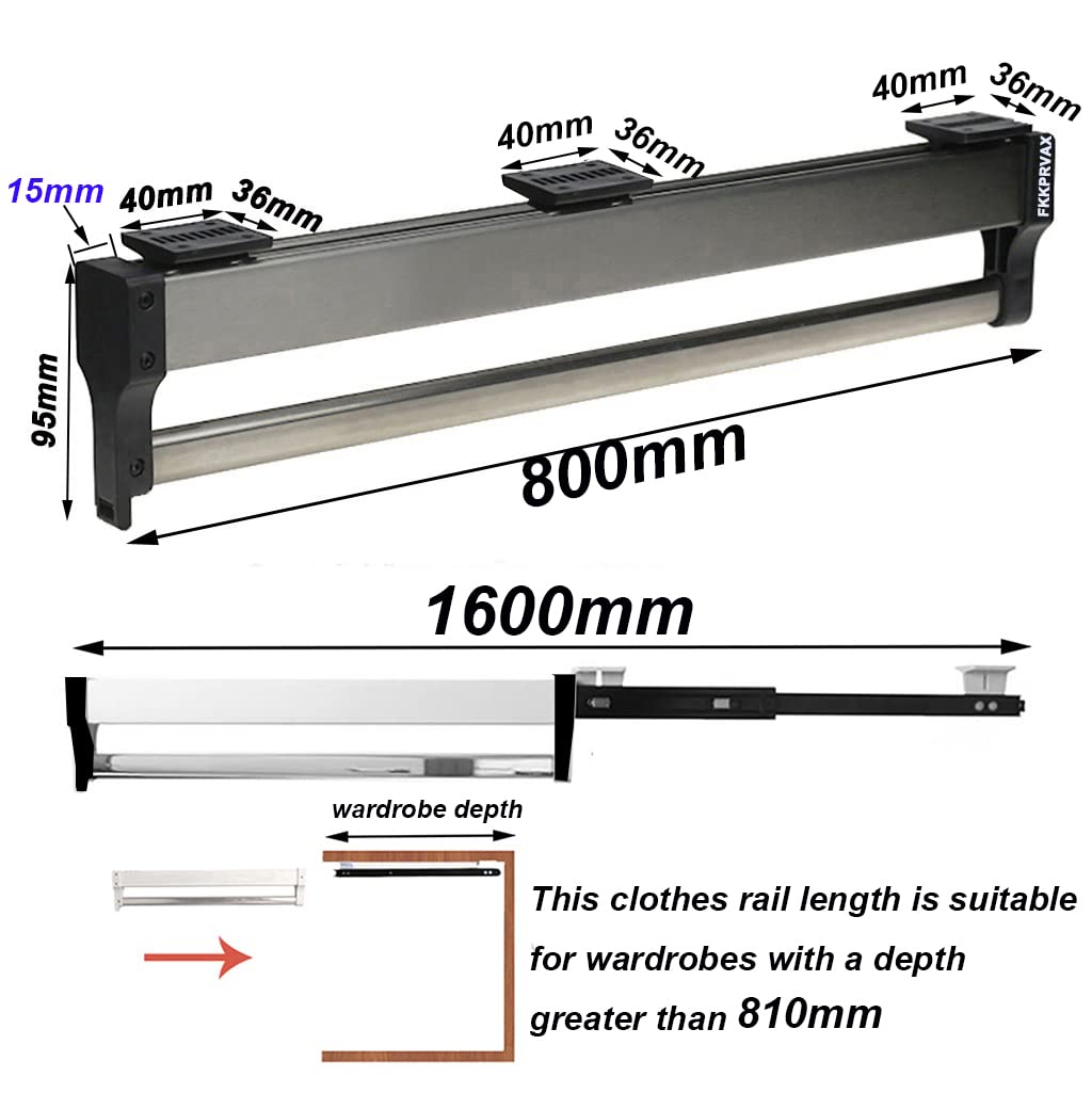 Closet Clothes Hanger Rail,Pull-Out Closet Rod 30-60cm,Wardrobe Clothing Rail,Closet Organizer Rack for Pants and Coat (800mm/31.5inch)