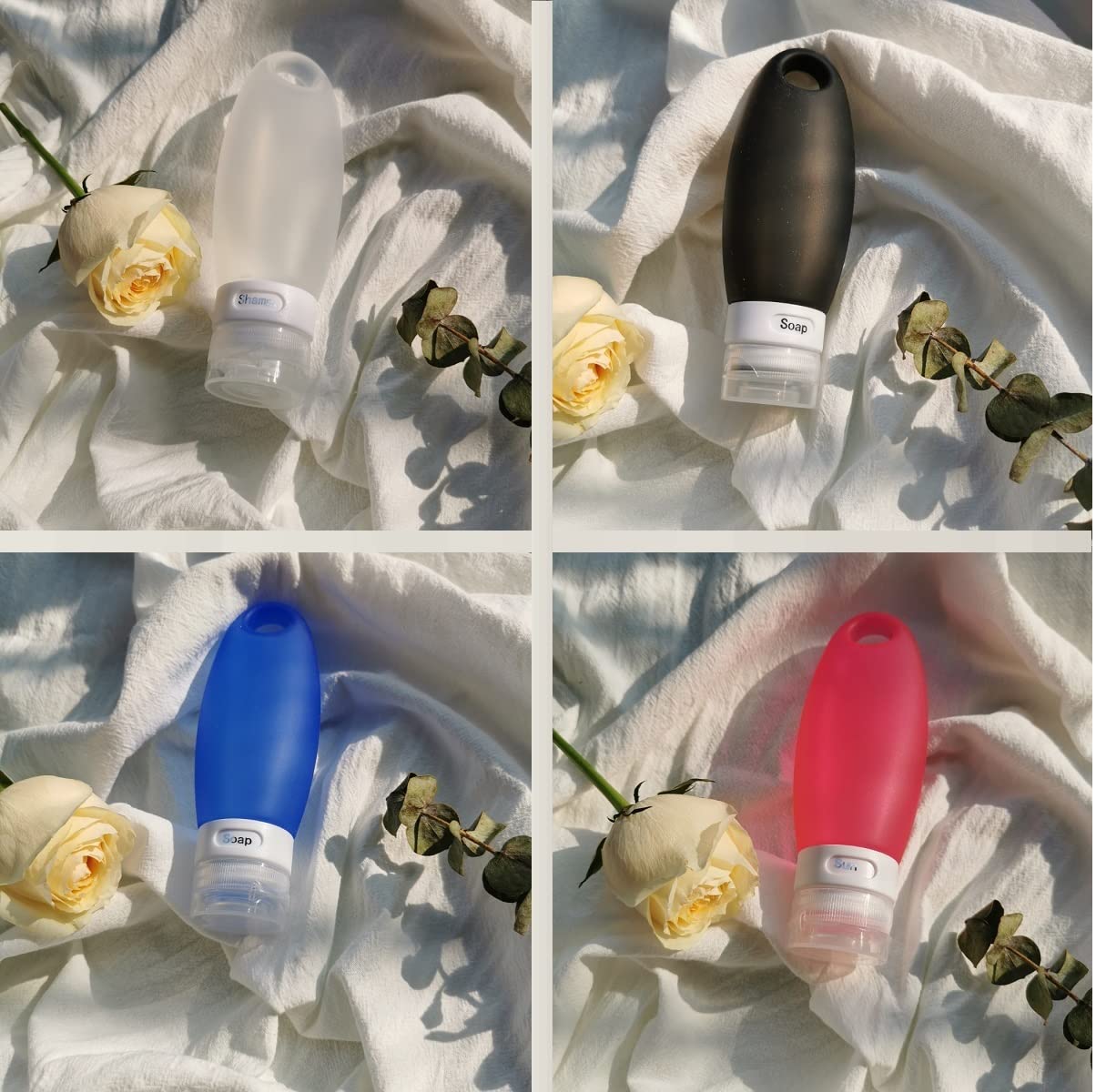SANTREST Gym Refillable Bottles Leak Proof Camping Travel Containers with Shower Lanyard,3.3oz TSA Approved Squeezable Silicone Travel Tube Set for Gym Shampoo Lotion Soap