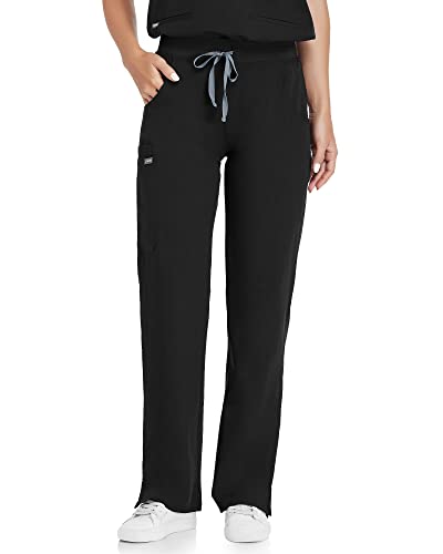 COMENII Scrubs for Women, Mid Rise Straight Leg Cargo Scrubs Pants with Flat Stretch Knit Yoga Waistband, Anti-Wrinkle Medical Scrubs Pants for Women(Black M-1)