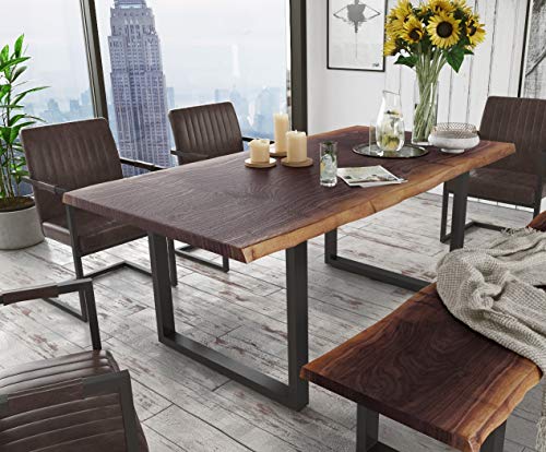 Limari Home Brylee Collection Modern Style Live Edge Solid Acacia Wood Top 6 Persons Dining Table with Metal U-Legs, Brown