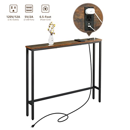 ELYKEN 2 Pack 5.9" Narrow Console Sofa Table with Power Outlets, 5.9" Dx39.4 Wx31.1 H Long Couch Table with Metal Frame and Charge Station with 6.5β Extension Cord, Rustic Brown