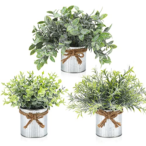 CEWOR 3 Pack Fake Potted Plants for Farmhouse Decor,Β Artificial Eucalyptus Metal Pots in Rustic Rectangular Pots Table Centerpiece for Dining Room Bathroom Desk Room Office Greenery Decor or Gift