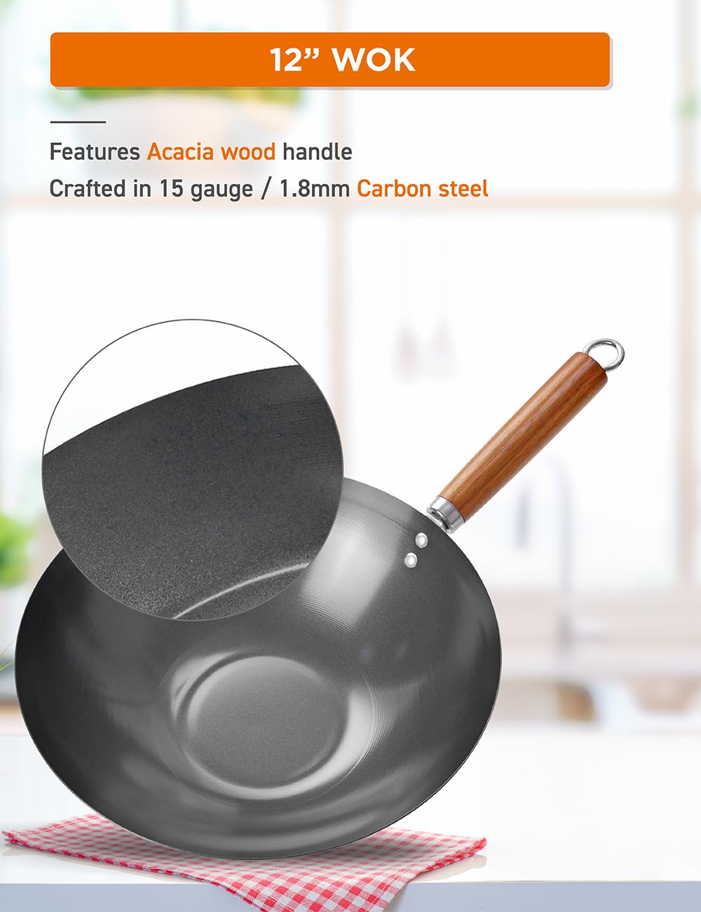 Commercial CHEF 12" Carbon Steel Wok with Acacia Wood Handle, Non Stick Stir Fry Pan with Ceramic Coating, Safe for Any Cooktop or Grill, Lighter and Cools Faster than Cast Iron