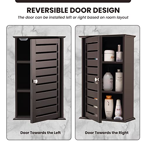COSTWAY Wall Mounted Bathroom Cabinet, Wooden Storage Cabinet with 2 Adjustable Shelves and Reversible Door, Versatile Hanging Medicine Cabinet for Living Room, Kitchen, Entryway (Brown)
