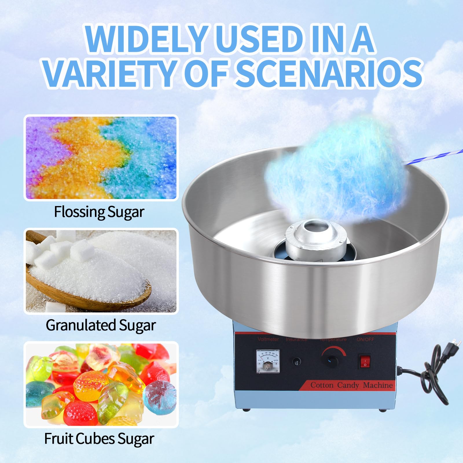 Commercial Cotton Candy Machine, Electric Floss Maker with Stainless Steel Bowl, for Home Party Carnival,Blue