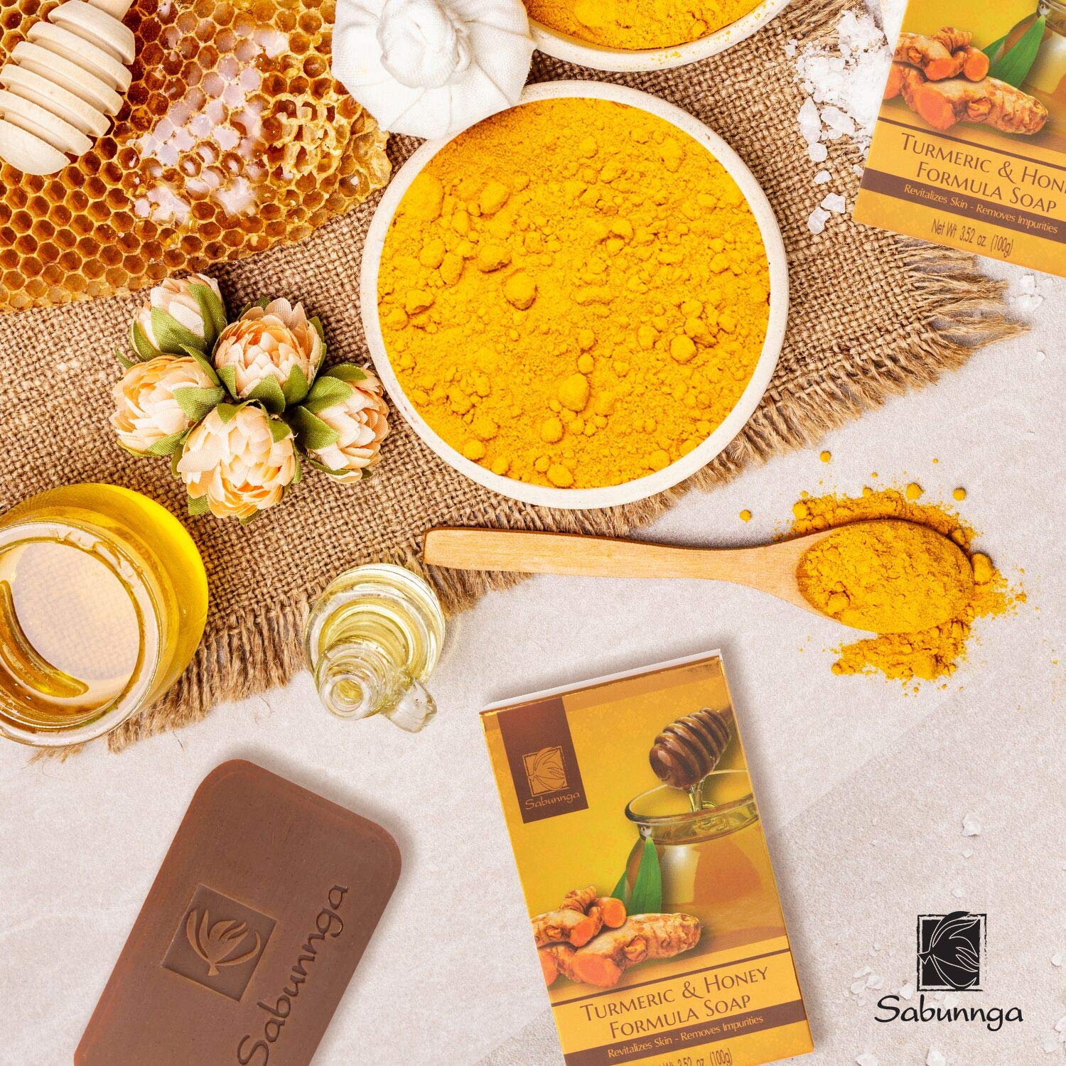Sabunnga Turmeric Soap Bar - Natural Turmeric Soaps Honey , PH Balance Bars For Face & Body , Fade Dark Spots Gentle Exfoliating