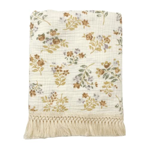 INSULAR Cotton Muslin Baby Blanket with Tassel, Boho Bohemian Muslin Swaddle Blanket Baby Receiving Blanket with Fringe, Nursery Decor Throw or Nursing Blankets, 47" x40”, Flower