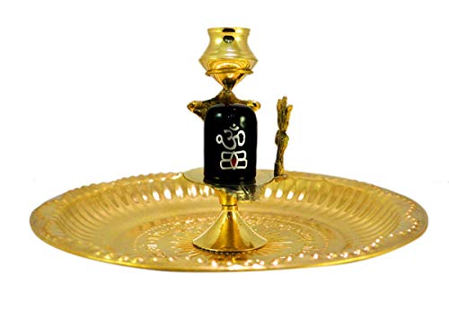 Crafting Bear Shaligram Shiva Ling Lingam Statue Marble Stone Snake Trishul Set Brass Stand with Decorative Pooja Thali for Home Temple Decor, 8 cm