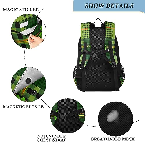CHIFIGNO St. Patrick Buffalo Plaid Bookbag with Laptop Compartment, Comfortable Backpack with Compartments, Backpack for School Kids 6-12 Gifts
