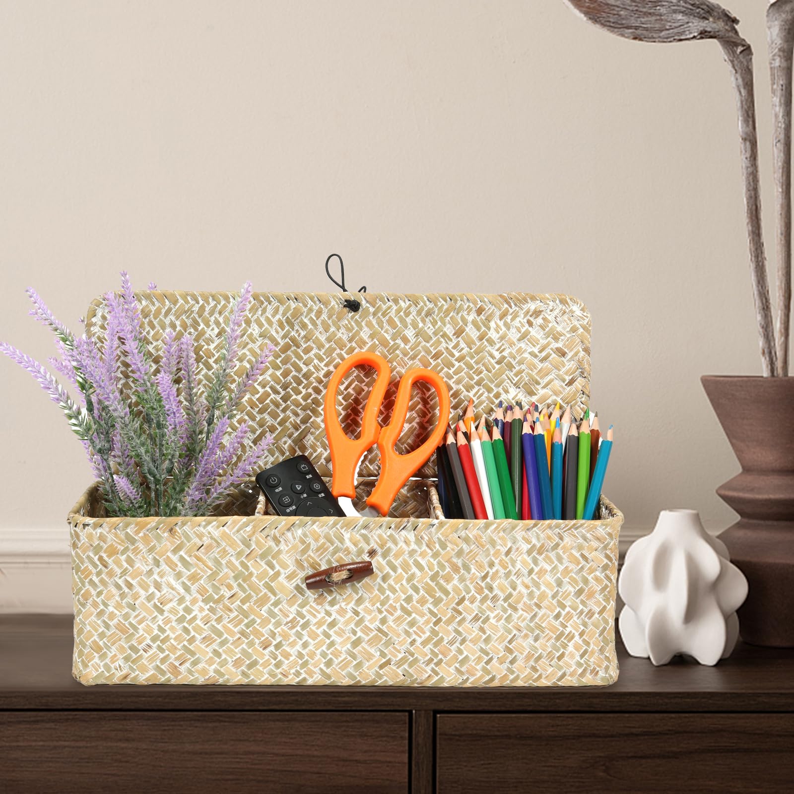 YIFANZHIBIAN Decorative Storage Basket with Lid, Rectangular Small Shelf Baskets Bin, Hand-woven Seagrass Storage Baskets with 3 Sections for Shelves Organize and Store