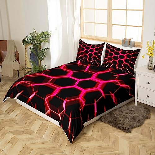 Erosebridal Honeycomb Bedding Set for Girls,Red Pink 3D Beehive Comforter Cover,Geometric Hexagon Duvet Cover,Glowing Glitter Neon Lights Bed Sets Full Chic Simplistic Style Bedroom Decor Black
