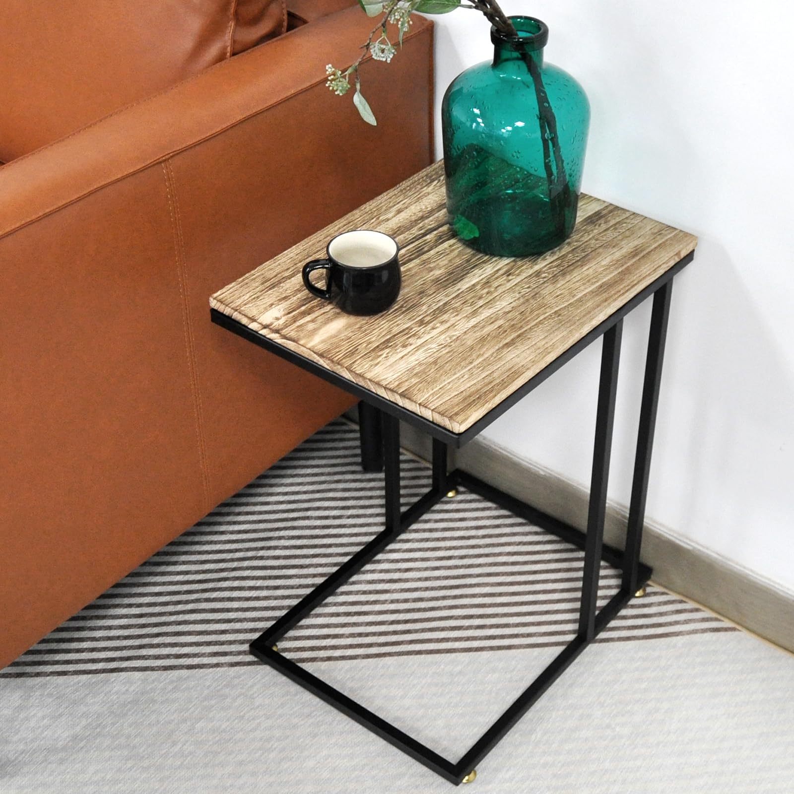 Cloud Space C-Shaped Side Table, Multifunctional End Table with Metal Frame, Detachable Solid Wood Flat Tabletop, Replaceable with Solid Wood Tray Top(Rustic Brown