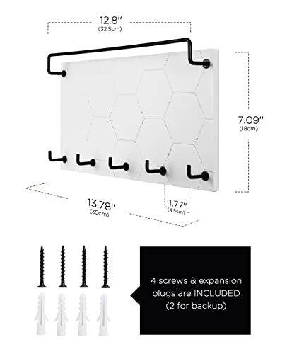 Emibele Sunglass Organizer Wall Key Holder, Decorative Wood Wall Jewelry Organizer Glasses and Sunglass Holder Display with 5 Hooks Key Rack Hanging Eyeglass Storage for Entryway Living Room, White