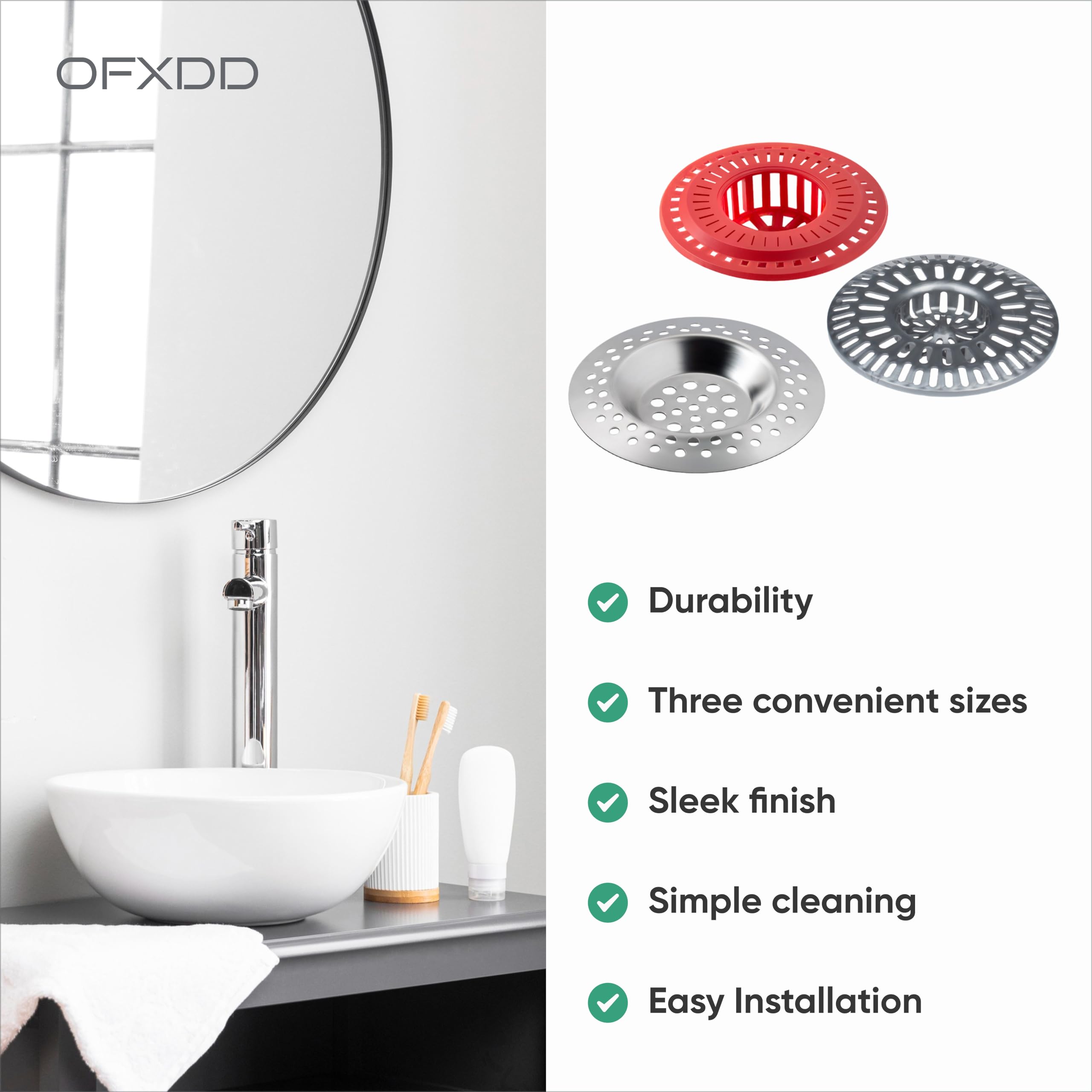Bath Tub Drain Hair Catcher - Stainless Steel & Plastic Sink Strainers Set of 3 - Drain Protectors for Kitchen and Bathroom, 2.83 & 2.36 & 3.10 Inches