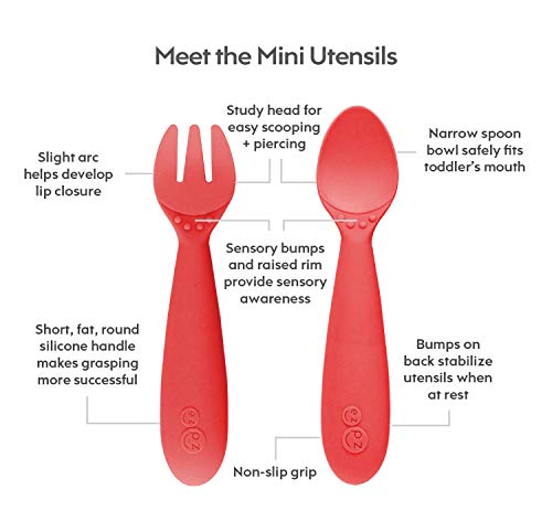 ez pz Mini Collection Set (Coral) - 100% Silicone Cup + Straw, Fork, Spoon & Mini Mat Suction Plate with Built-in Placemat for Infants + Toddlers - First Foods + Self-Feeding - 12 Months+