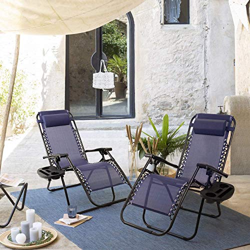GUNJI Zero Gravity Chair Outdoor Lawn Folding Lounge Chairs Adjustable Reclining Patio Chairs Set of 2 with Cup Holder Lounge Gravity Chairs for Poolside, Backyard, Beach and Camping (Blue)